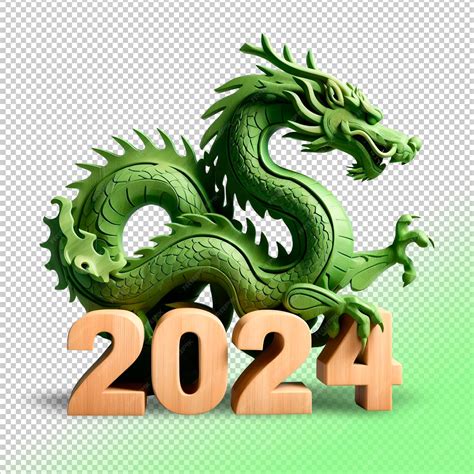 Psd символ 2024 года зеленый деревянный дракон на прозрачном фоне