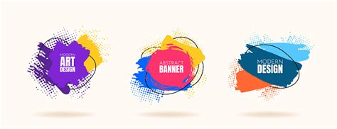 벡터 일러스트 레이 션 밝은 색상의 동적 배너 세트입니다 현대 미술 그래픽 잉크 브러시 스트로크 프레임 와 텍스트 포함 페인트 스플래쉬와 하프톤 도트 포스터 광고 웹