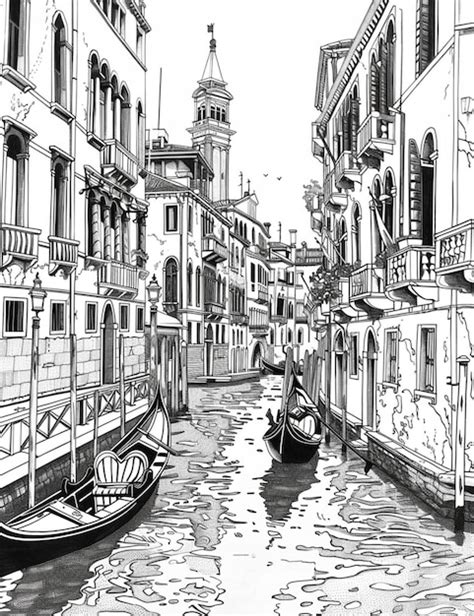 A Drawing Of A Canal With A Boat And A Building Generative Ai Premium