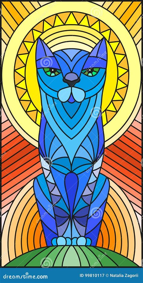 Stained Glass Illustration With Abstract Blue Geometric Cat Stock