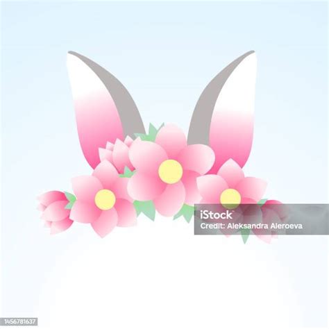 Ilustración De Orejas De Conejo Con Flores Rosadas Sobre Un Fondo Azul