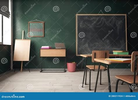 Empty Classroom With Chalkboard And Easel For Teachers To Prepare