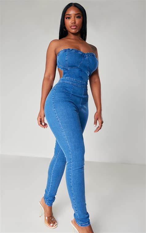Shape Mid Blue Wash Cup Tie Back Denim Jumpsuit Prettylittlething Usa