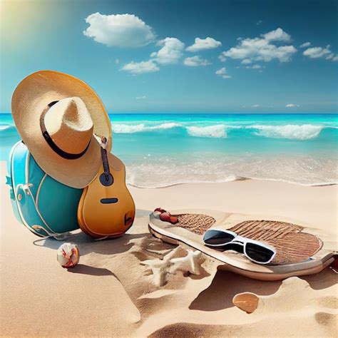Premium Photo A Hat And Sunglasses On The Beach With A Guitar