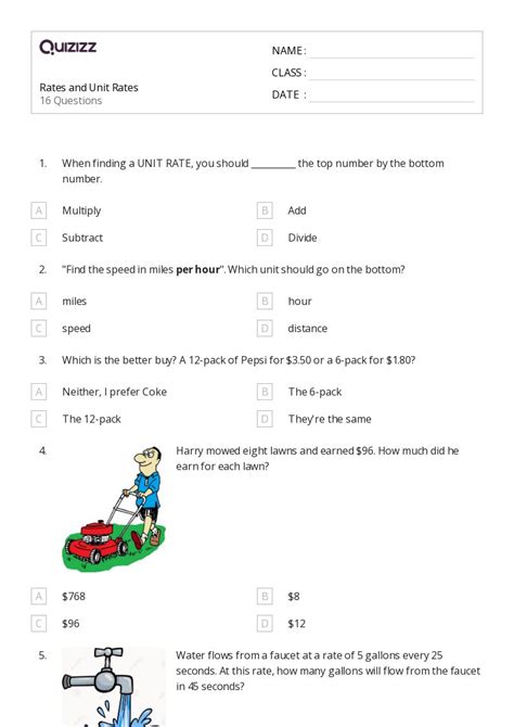 50 unit rates worksheets for 6th class on quizizz free and printable