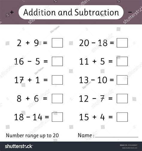 Addition Subtraction Number Range 20 Mathematics Stock Vector Royalty