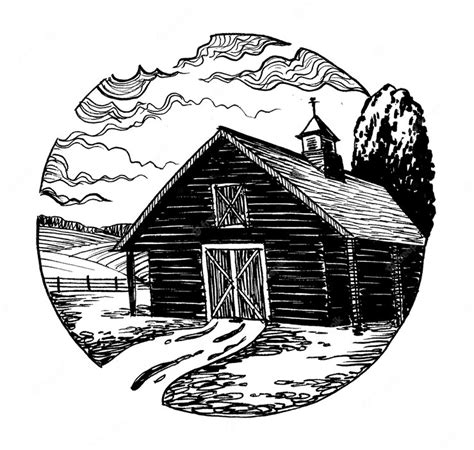 Premium Photo A Black And White Drawing Of A Barn With A Bell Tower