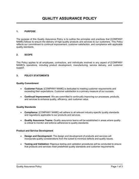 Quality Assurance Policy Template Word And Pdf Free Trial