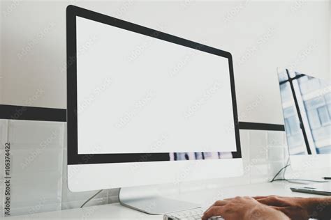 Mock Up Of Generic Design Computer And Workspace With Man Hands Horizontal Mockup Blank Screen