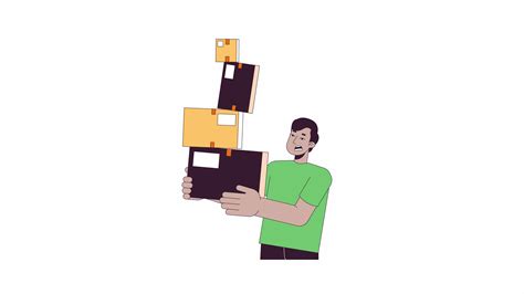 Troubled Indian Guy Carrying Unsteady Boxes Line 2d Character Animation