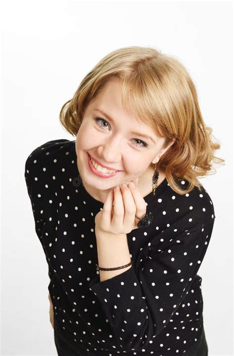 Smiling Girl From Above And Close Up Stock Image Image Of White