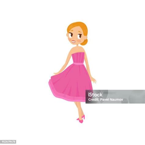 아름 다운 핑크 드레스와 하이 힐 신발 입고 젊은 빨간 머리 소녀 밝은 얼굴 표정으로 여성 캐릭터입니다 평면 벡터 디자인 귀여운에 대한 스톡 벡터 아트 및 기타 이미지