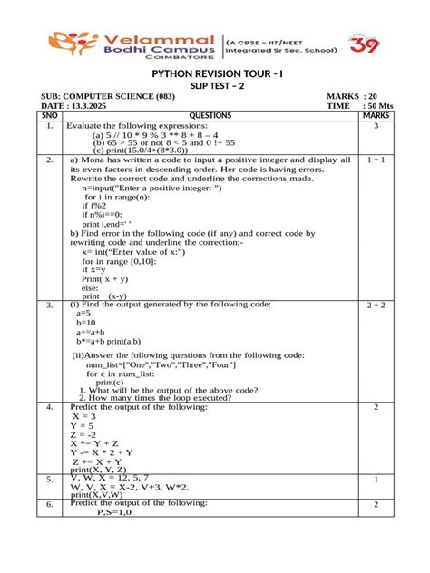 Slip Test 2 Python Revision Tour 1 Pdf