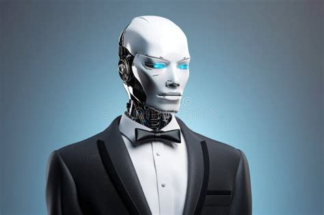 Humanoid Robot Dressed In A Formal Black Tuxedo Suit On A Minimal Blue