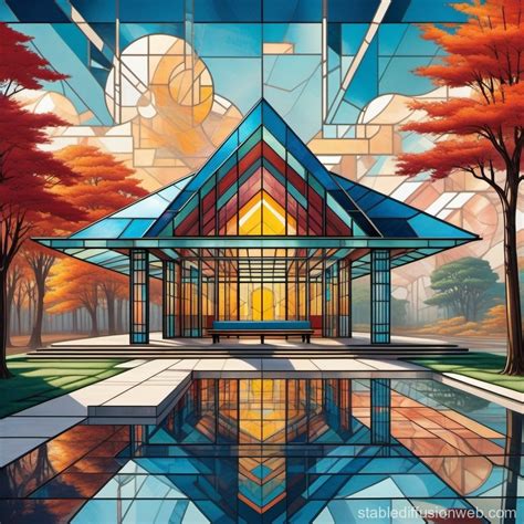 Rectangular Pavilion Building With Benches And Stained Glass Entrance