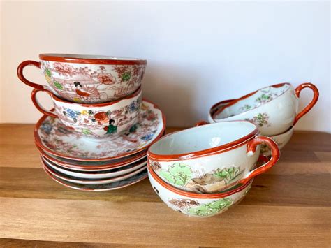 Vintage Japanese Tea Set Kutani Style Tea Cups And Saucers Etsy