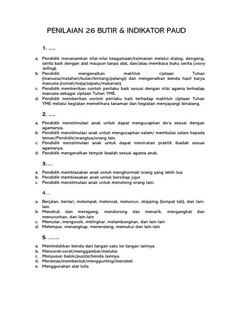26 Butir Dan Indikator Penilaian Paud Pdf