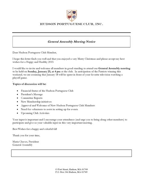 General Assembly Meeting January 25th Hudson Portuguese Club