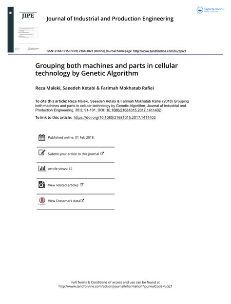Pdf Grouping Both Machines And Parts In Cellular Technology By Genetic Algorithm