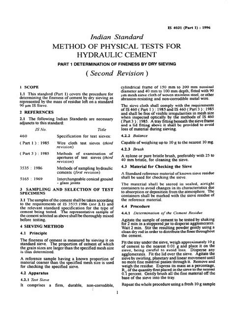Is 4031 1 1996 Methods Of Physical Tests For Hydraulic Cement Part
