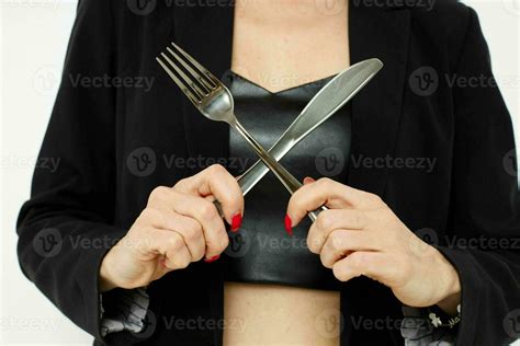 Photo Pretty Woman Knife And Fork In Hands Emotions Posing Isolated