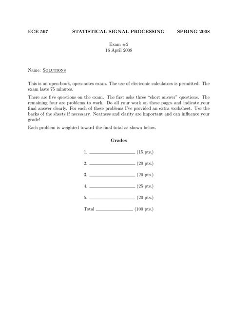 5 Problems On Statistical Signal Processing With Answers Exam 2 Ece 567 Docsity