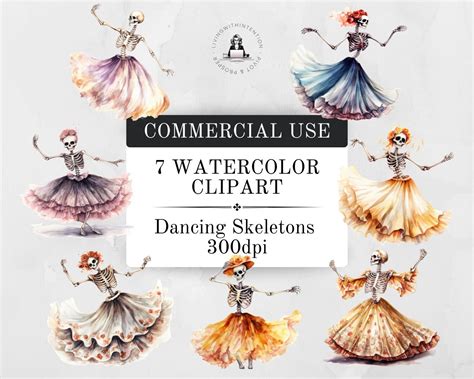 Dancing Skeleton Clipart Watercolor Halloween Clipart Cute Skeleton