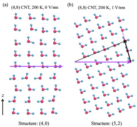 two dimensional structures of water molecules in an 8 8 cnt at 200