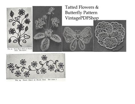 Vintage Tatted Flowers And Butterfly Patterns Daisy Rose Spray Etsy