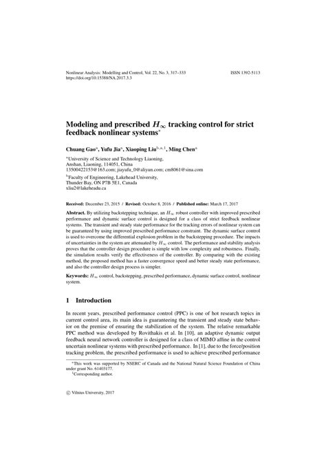 Pdf Modeling And Prescribed H Infinity Tracking Control For Strict