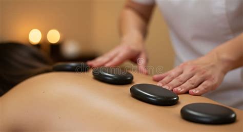 Hot Stone Massage Session With Therapist On Woman S Back At Spa