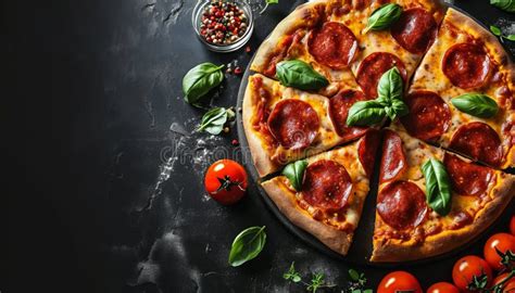 Tasty Pepperoni Pizza And Cooking Ingredients Tomatoes Basil On Black
