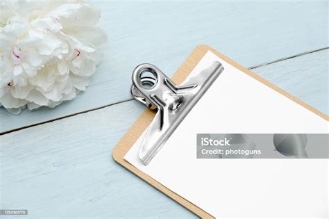 파란색 나무 테이블에 흰색 모란 꽃빈 종이 클립 보드 모형 맨 위 보기입니다 웨딩 플래너 목록 체크 리스트 개념을 할 수 있습니다 0명에 대한 스톡 사진 및 기타 이미지
