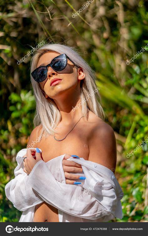 Beautiful Implied Nude Blonde Model Enjoying Weather Beautiful Day