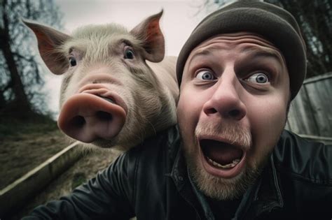 Premium Photo Startled Scared Man Selfie With Pig Generate Ai