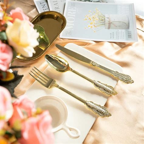 N9r 300pcs Gold Plastic Silverware Dinnerware Flatware Heavyweight