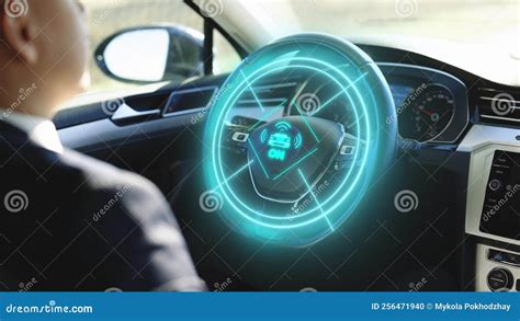 Vehicle Starts Autonomous Self Driving A Man Driving Futuristic Car Activates Autopilot On