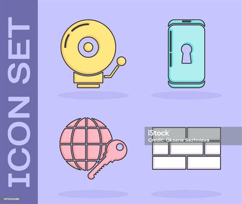잠금 아이콘 벽돌 울리는 알람 벨 글로브 키와 스마트 폰을 설정합니다 벡터 Brand Name Smart Phone에 대한 스톡