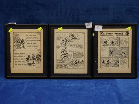 Lot Set Of Three Framed Vintage Micky Mouse Cartoons