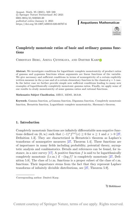 Completely Monotonic Ratios Of Basic And Ordinary Gamma Functions Request Pdf