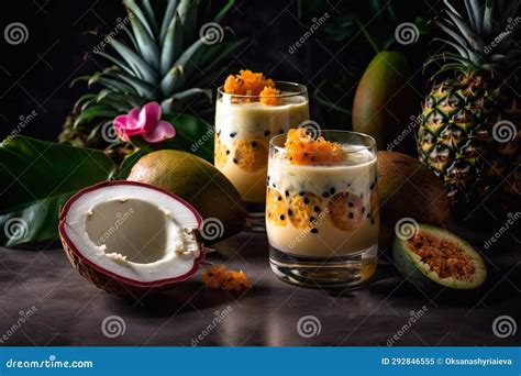 Tropical Cocktail With Passion Fruit And Coconut Milk Garnished With