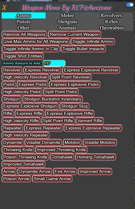 RCPs Clickable Trainer Menu Weapons RedM Releases Cfx Re Community