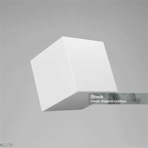회색 배경에 격리 된 원근이있는 흰색 3d 모델링 큐브 조명과 그림자로 회전하는 3d 상자를 원근면에서 렌더링합니다 사실적인 벡터 아이콘 3차원 형태에 대한 스톡 벡터 아트