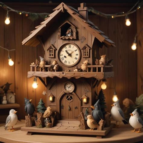 A Clock With A Wooden House That Says The Time Of 12 00 Premium Ai Generated Image