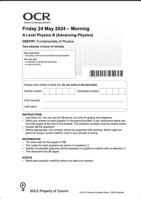 OCR A Level Physics B 2025 Predicted Papers H557 Tyrions