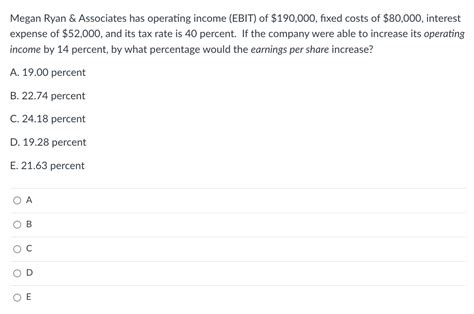 Solved Megan Ryan And Associates Has Operating Income Ebit