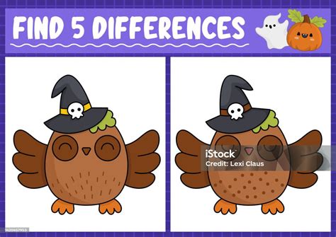 할로윈은 아이들을위한 차이점 게임을 찾습니다 귀여운 올빼미와 함께주의 기술 활동 재미있는 성격을 가진 아이들을위한 퍼즐 다른 워크 시트가 무엇인지 인쇄 가능 다른 그림