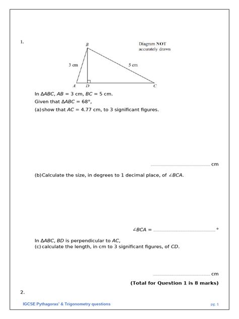 Pythagoras And Trigonometry Past Paper Questions Pdf Circle Area