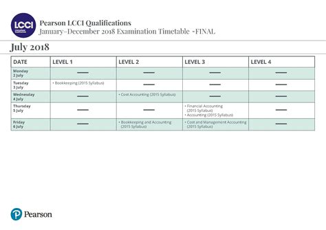 LCCI 2018 Exam Timetable LCCI