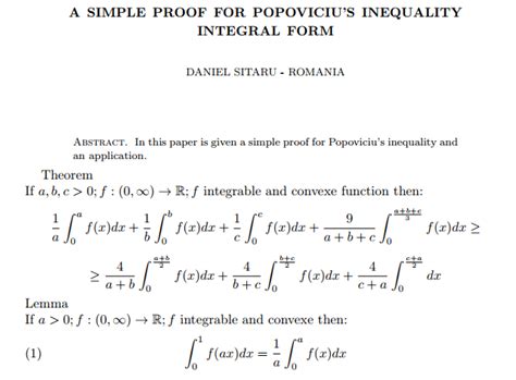 A Simple Proof For Popovicius Inequality Integral Form Romanian Mathematical Magazine